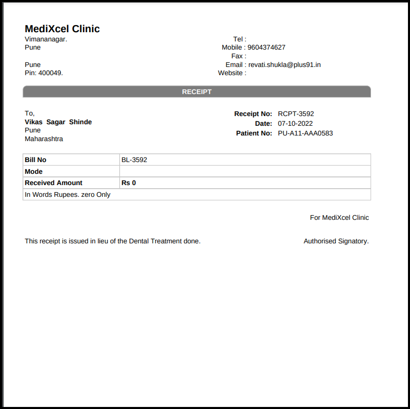 Printing a Bill receipt after booking an appointment. – Medixcel Support