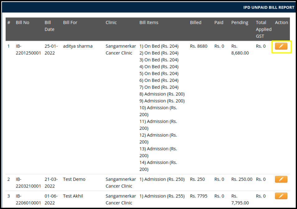 IPD Unpaid Bill Report on Accounts Management – Medixcel Support