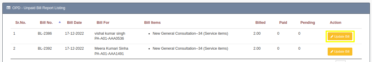 Revised-OPD Unpaid Bill Report – Medixcel Support