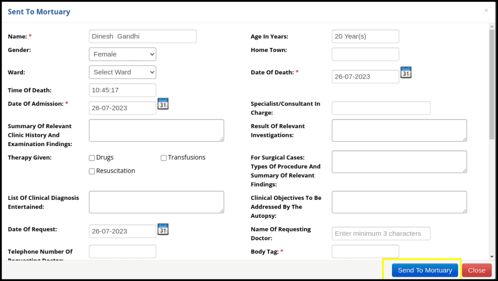 How to send the OPD Dead patient to the mortuary – Medixcel Support