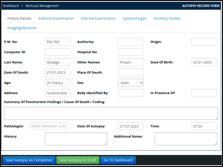 Autopsy Register – Medixcel Support